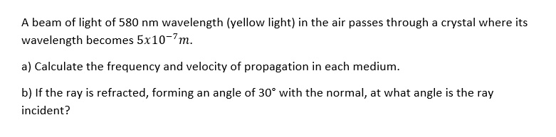 SOLVED: A beam of light of 580 nm wavelength (yellow light) in the air ...