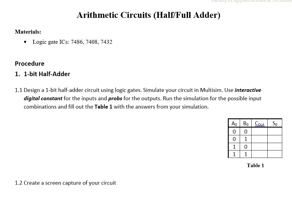 SOLVED: Arithmetic Circuits (Half/Full Adder) Materials: Logic gate ICs ...