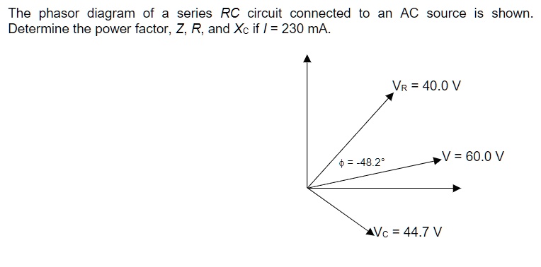 The phasor diagram of a series RC circuit connected to an AC source is shown. Determine the ...