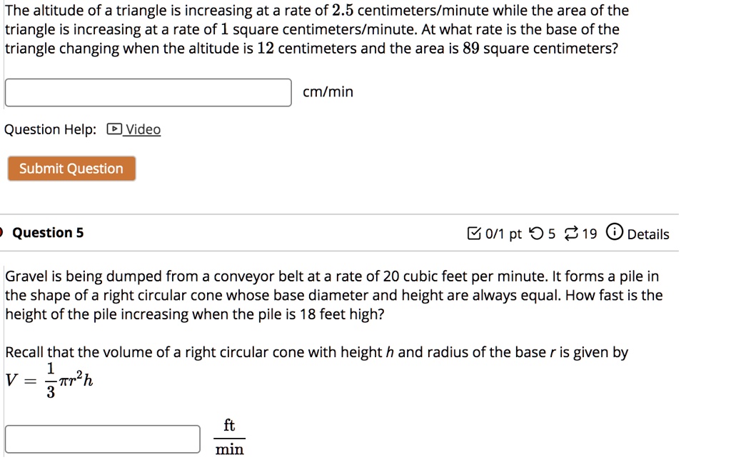 SOLVED:The altitude of a triangle is increasing at a rate of 2.5 centimeters/minute while the ...