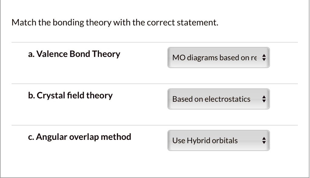 SOLVED: Match the bonding theory with the correct statement: a. Valence ...