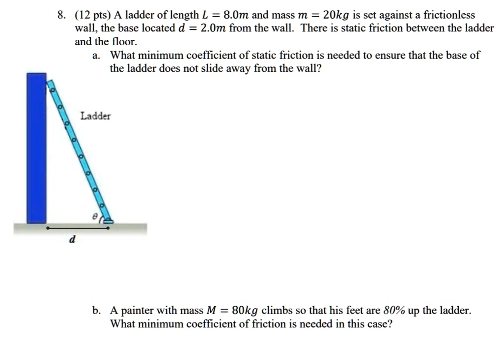 SOLVED: A ladder of length L = 8.0 m and mass m = 20 kg is set against ...