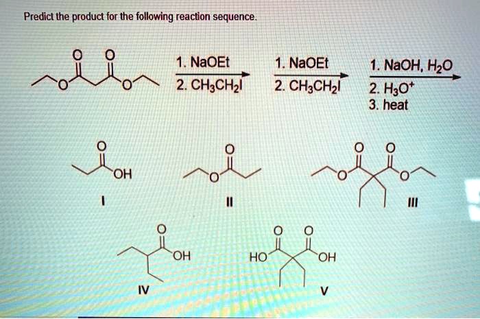 SOLVED:Predict the product for the following reaction sequence 1. NaOEt 2. CHzCHzl 1. NaOEt 2 ...