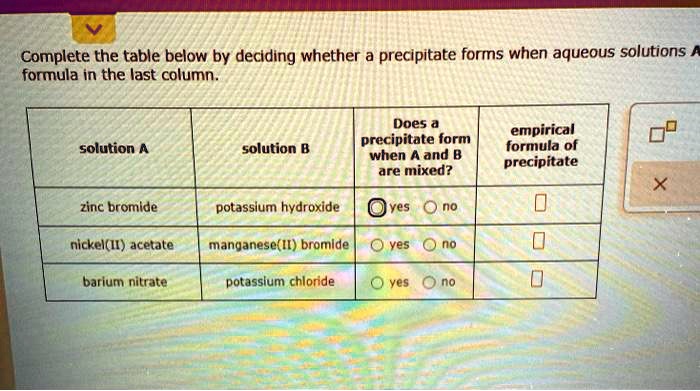 complete the table below by deciding whether a precipitate forms when aqueous solutions formula ...