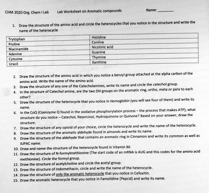 chm 2020 org chem lab lab worksheet on aromatic compounds name draw the ...
