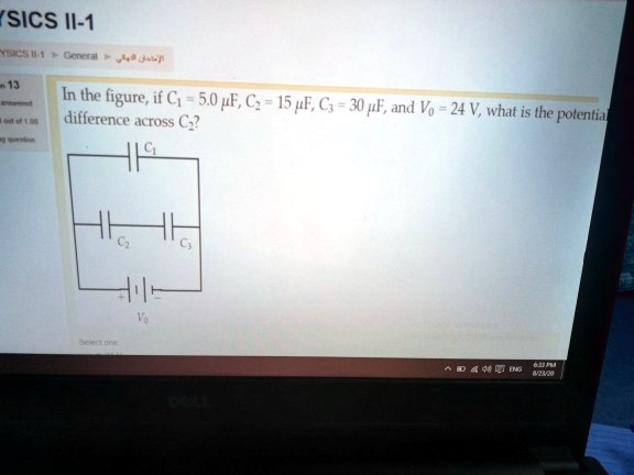 In the figure, if C1 = 5.0 μ F, C2 = 15 μ F, C3 = 30 μ F, and V0 = 24 V, what is the potential ...