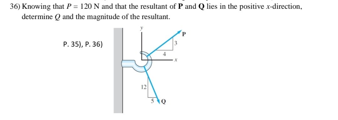 36) Knowing that P=120 N and that the resultant of 𝐏 and 𝐐 lies in the positive x-direction ...