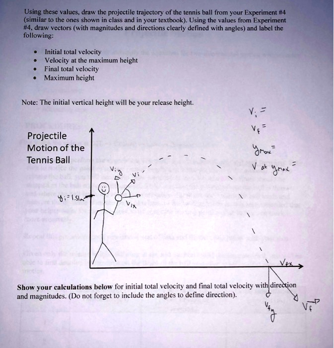 using these values draw the projectile trajectory of the tennis ball ...