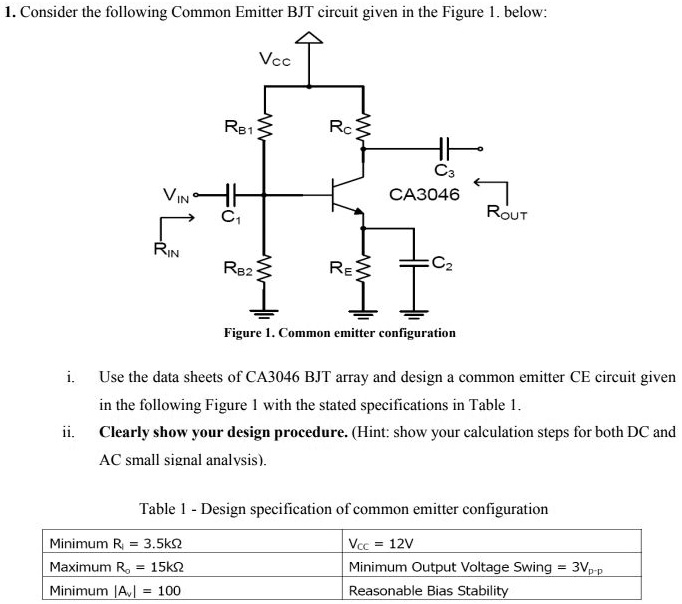 SOLVED: Consider the following Common Emitter BJT circuit given in Figure 1 below: CA3046 RIN ...
