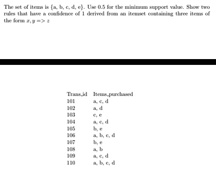 SOLVED: Apply the Apriori algorithm to the following data set: The set of items is a, b, c, d, e ...