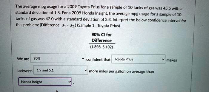 the average mpg usage for a 2009 toyota prius for a sample of 10 tanks ...