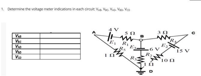 SOLVED: Determine the voltage meter indications in each circuit: VAB, VBC, VAD, VBD, VCD