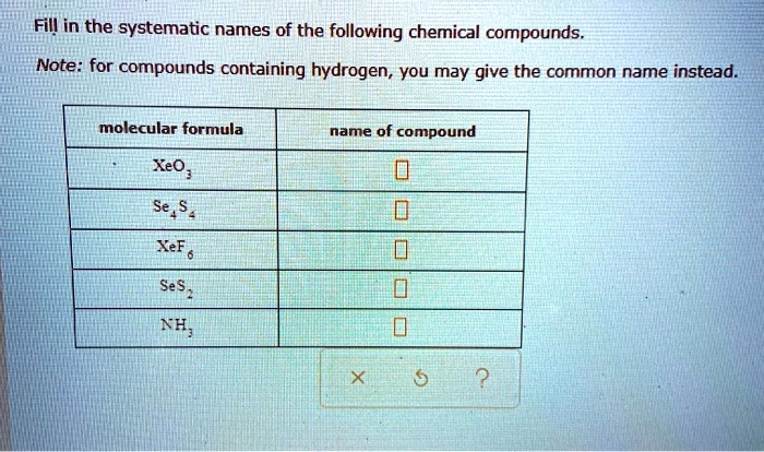 SOLVED: Fill in the systematic names of the following chemical compounds. Note: for compounds ...