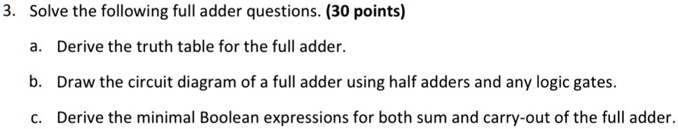 3. Solve the following full adder questions. (30 points) a. Derive the truth table for the full ...