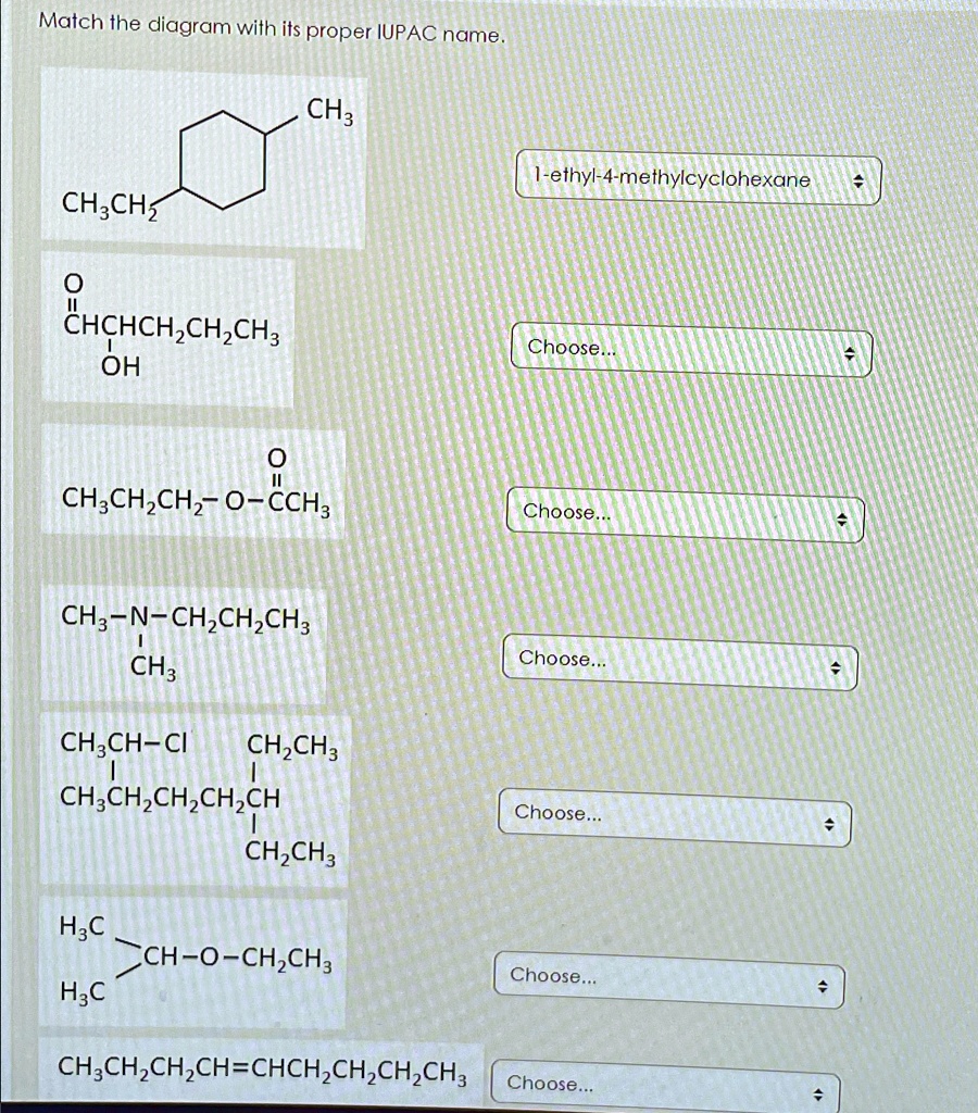 SOLVED: Match the diagram with its proper IUPAC name. CH3CH2CH2CH=CHCH2CH2CH2CH3 Match the ...