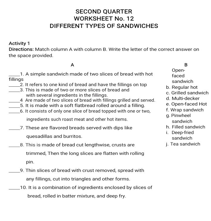 SOLVED: SECOND QUARTER WORKSHEET No. 12 DIFFERENT TYPES OF SANDWICHES ...