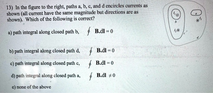 SOLVED: In the figure to the right, paths a, b, c, and d encircle currents as shown (all ...