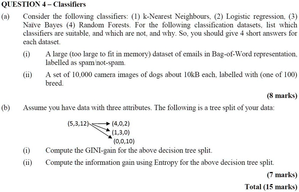 QUESTION 4 – Classifiers (a) Consider the following classifiers: (1) k-Nearest Neighbours, (2 ...