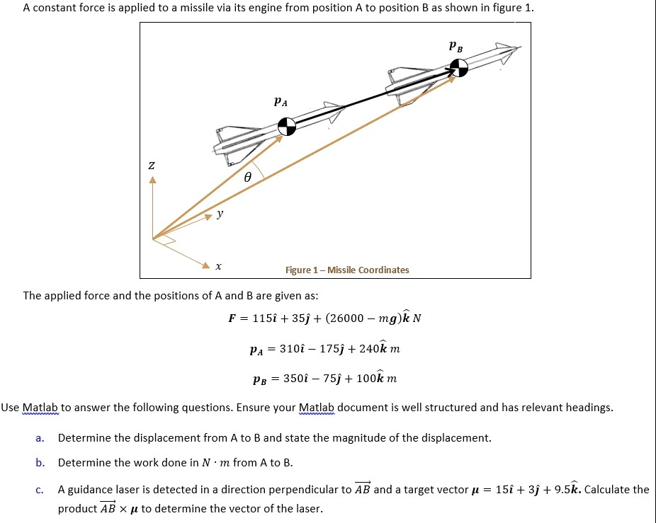 A constant force is applied to a missile via its engine from position A to position B as shown ...