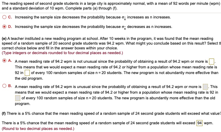 the reading speed of second grade students in large city approximately ...