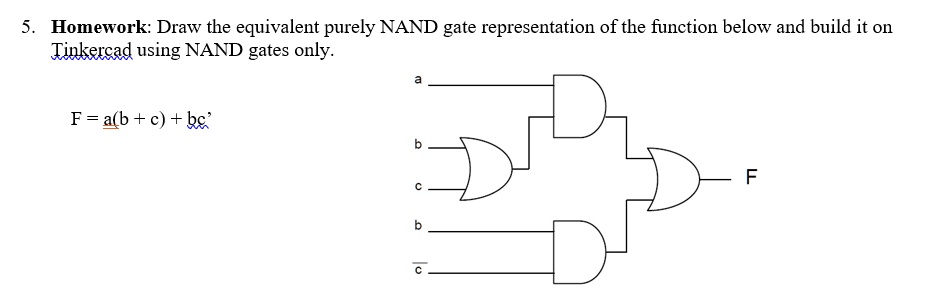 5. Homework: Draw the equivalent purely NAND gate representation of the function below and build ...
