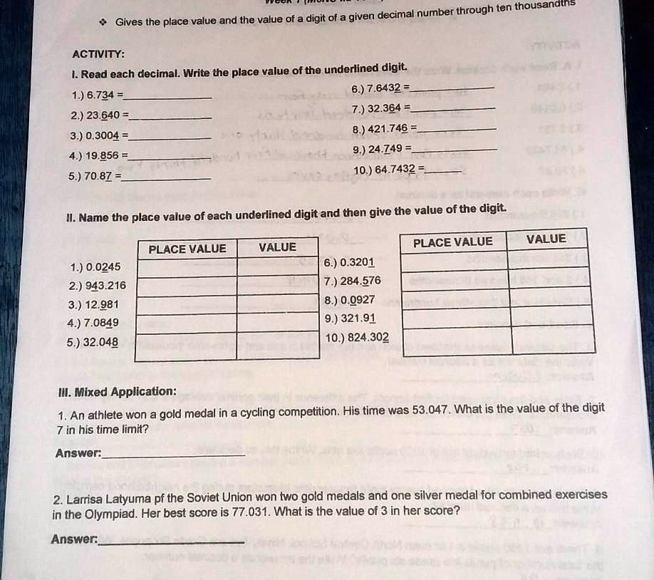 ? Gives the place value and the value of a digit of a given decimal number through ten ...