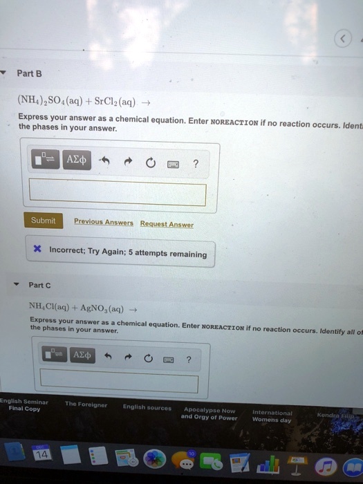 SOLVED: Part B (NH4)2SO4(aq) SrClz (aq) Express your answer as chemical ...