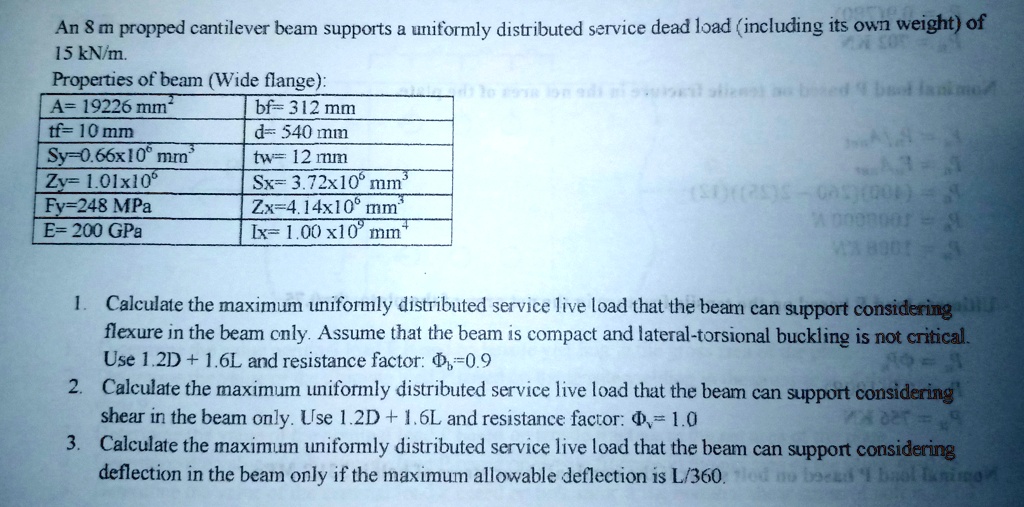 an 8m propped cantilever beam supports a uniformly distributed service ...