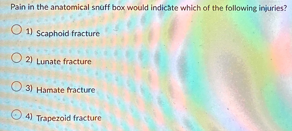 Pain in the anatomical snuff box would indicate which of the following ...