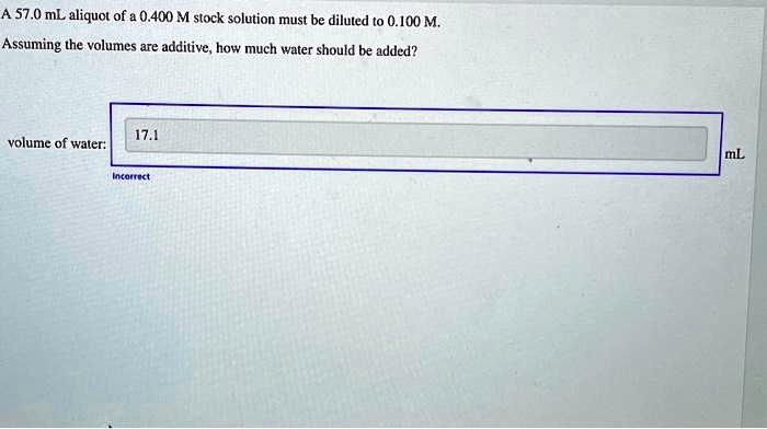 SOLVED: A 57.0 mL aliquot of a 0.400 M stock solution must be diluted ...