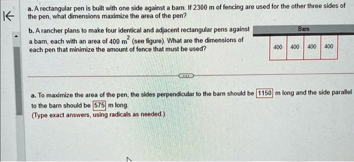 SOLVED: a. A rectangular pen is built with one side against a barn. If ...