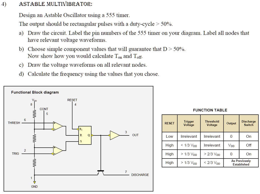 4) ASTABLE MULTIVIBRATOR: Design an Astable Oscillator using a 555 timer. The output should be ...