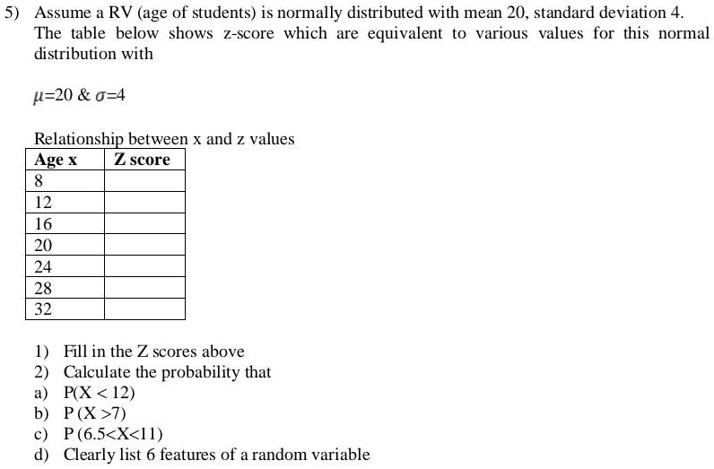 SOLVED: 5 Assume a RV(age of students is normally distributed with mean 20.standard deviation 4 ...