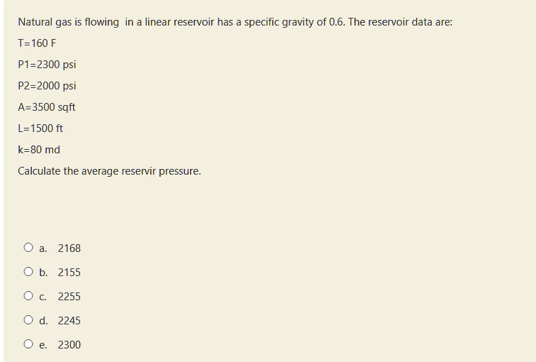 Natural gas is flowing in a linear reservoir has a specific gravity of ...