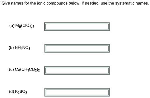 SOLVED: Give names for the ionic compounds below. If needed, use the systematic names. Mg(ClO4)2 ...
