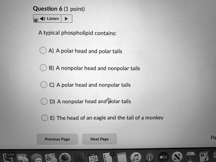 SOLVED: Question 6 (1 point) Listen A typical phospholipid contains: A ...