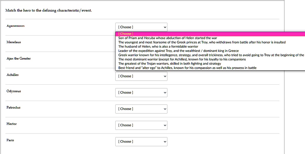SOLVED: Match the hero to the defining characteristic/event. [Choose ...
