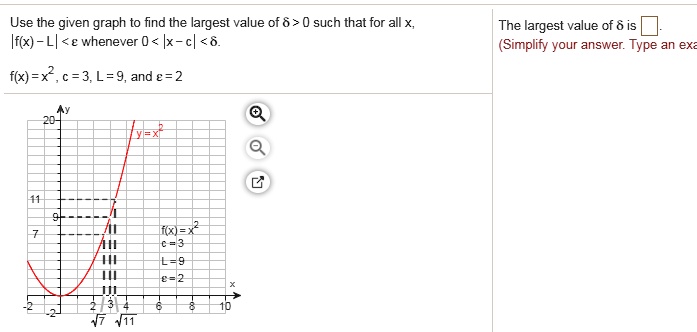 SOLVED: Use the given graph to find the largest value of ε > 0 such ... SOLVED: Use the given graph to find the largest value of ε > 0 such ...