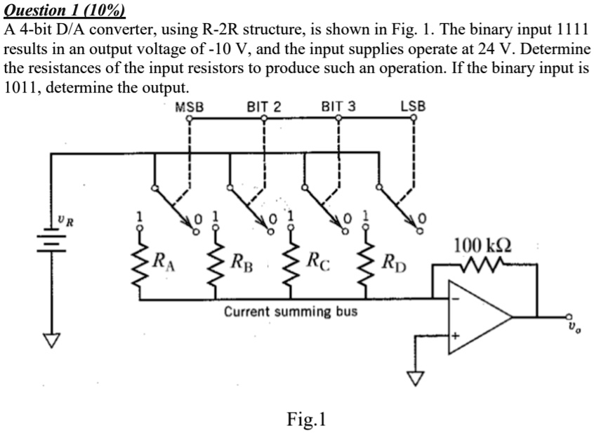 SOLVED: Ouestion 1 (10%) A 4-bit D/A converter, using R-2R structure, is shown in Fig. 1. The ...