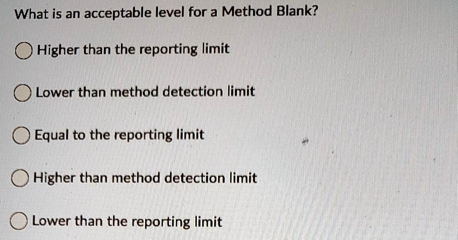SOLVED:What is an acceptable level for a Method Blank? Higher than the ... SOLVED:What is an acceptable level for a Method Blank? Higher than the ...