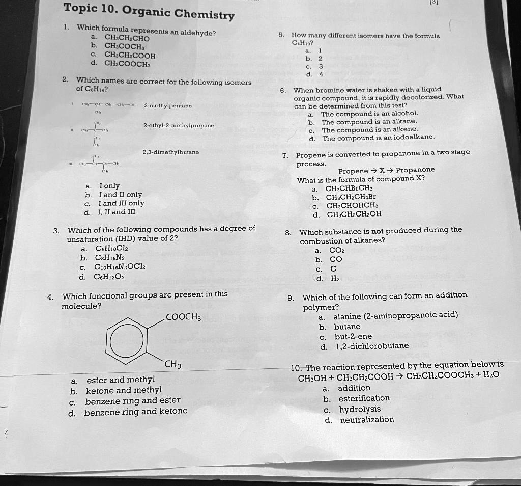 SOLVED: Topic 10: Organic Chemistry 1. Which formula represents an aldehyde? a. CH3CHO b ...