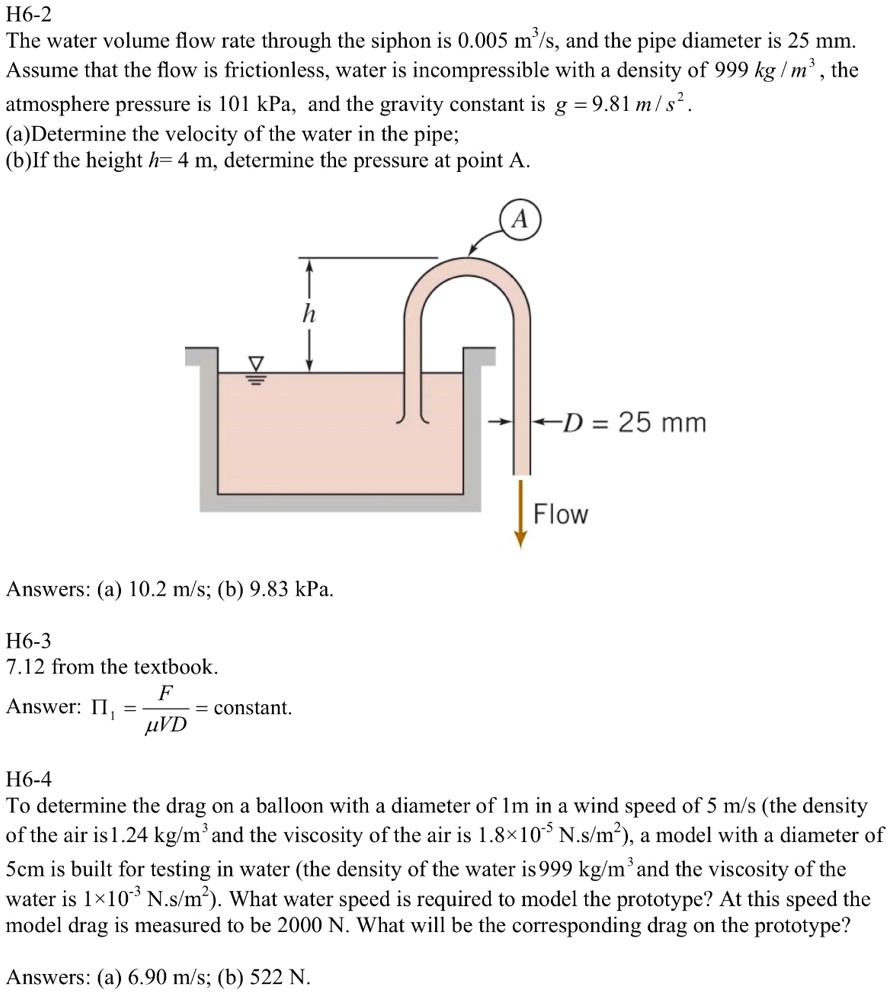SOLVED: H6-2 The water volume flow rate through the siphon is 0.005 m/s ...