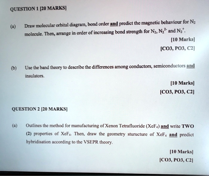 SOLVED: QUESTION [20 MARKS] Molecular orbital diagram; bond order = and ...