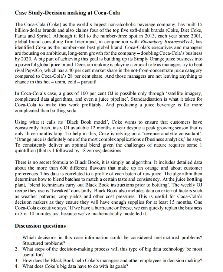 SOLVED: Texts: Case Study - Decision making at Coca-Cola The Coca-Cola ...