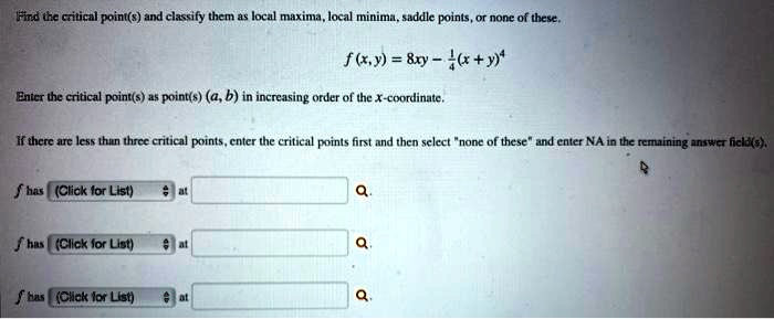 SOLVED:Find thc critical point(s) and classify them as local maxima local minima. saddle points ...