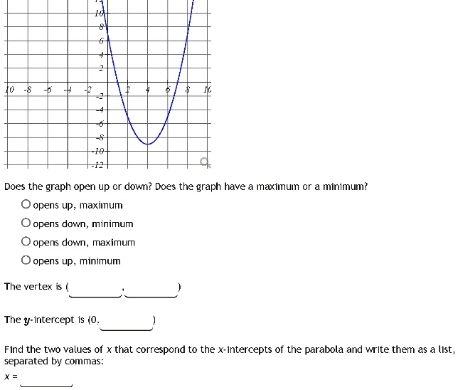 Solved Does The Graph Open Up Or Down Does The Graph Have A Maximum Or Minimum Opens Up 7620