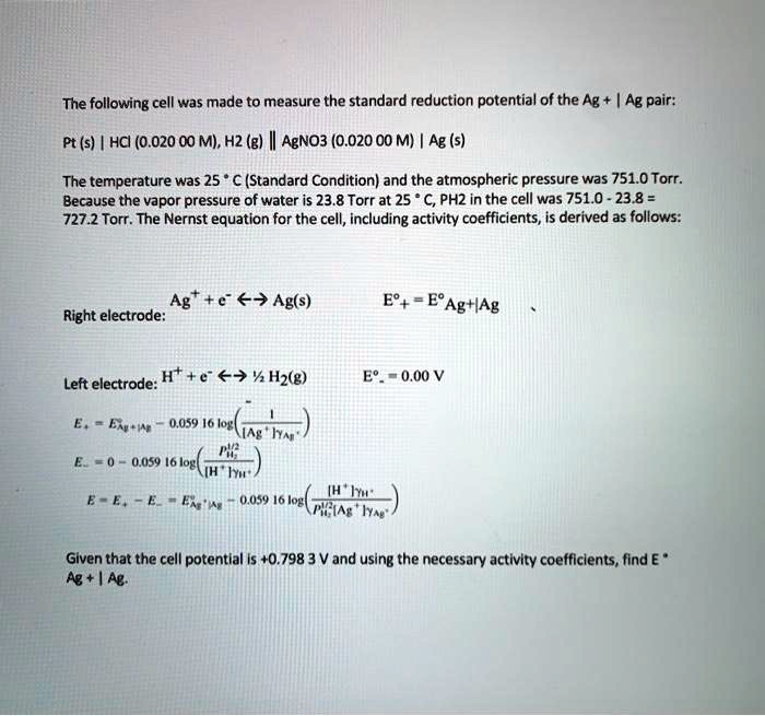 the following cell was made to measure the standard reduction potential ...