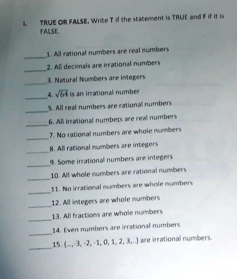 1 true or false write t if the statement is true and f if it is false 1 all rational numbers are ...