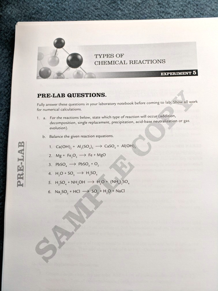 SOLVED: TYPES OF CHEMICAL REACTIONS EXPERIMENT 5 PRE-LAB QUESTIONS: Fully answer these questions ...