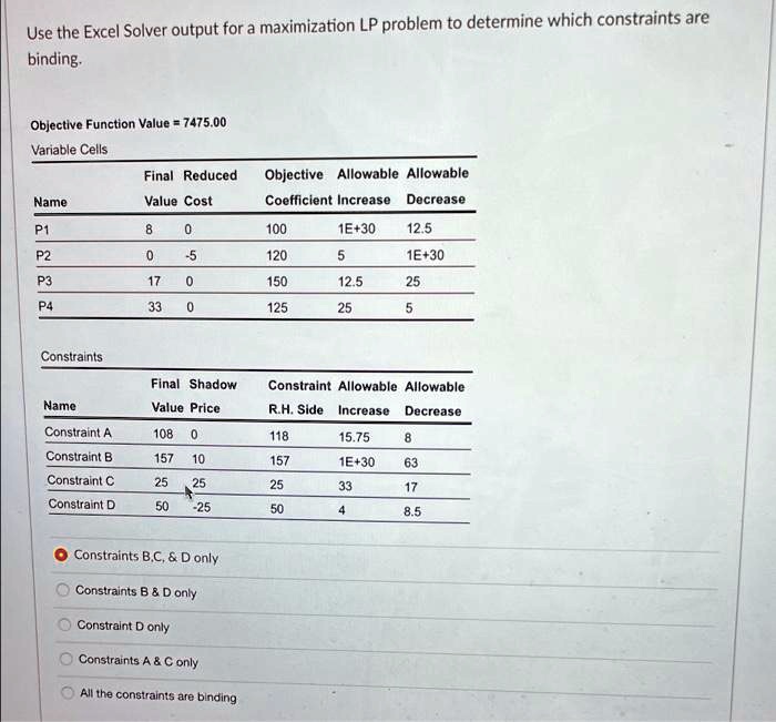 Solved Use The Excel Solver Output For A Maximization Lp Problem To Determine Which Constraints 1704